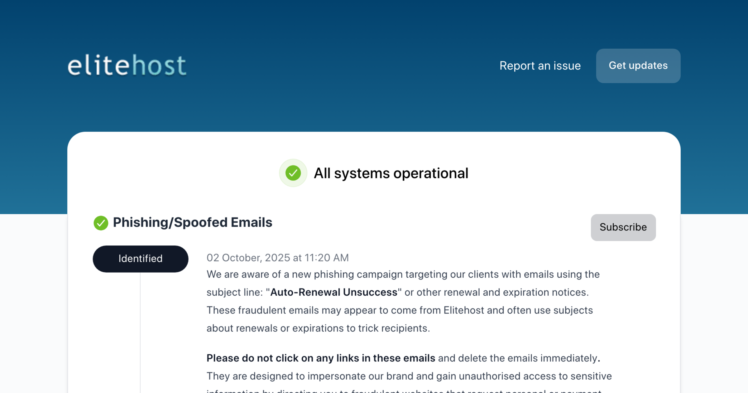 Phishing/Spoofed Emails - Incident details - Elitehost - Status